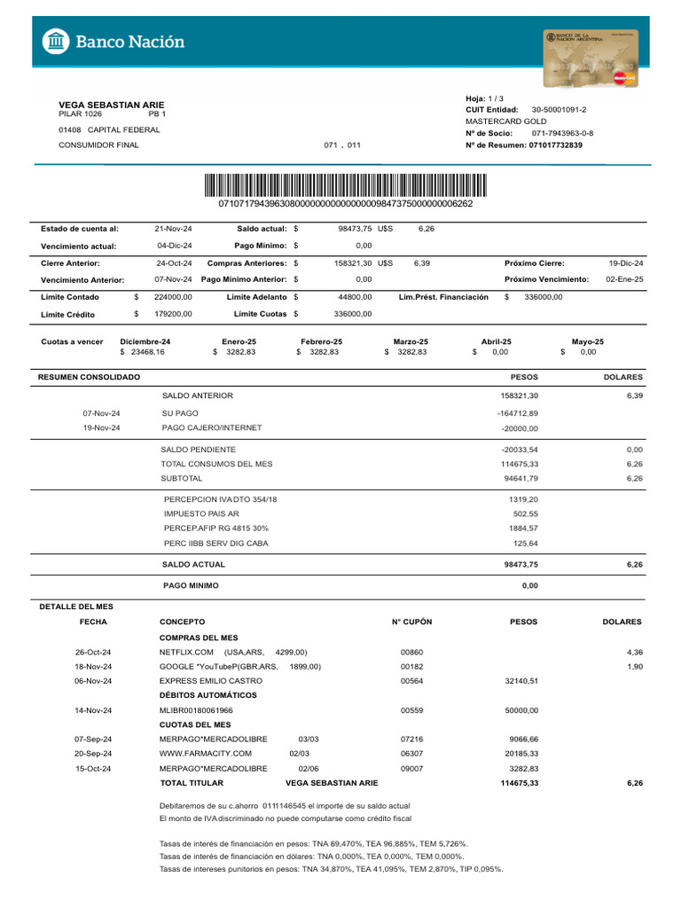Resumen de Cuenta Mastercard Nov 2024 | PDF | Tarjeta de crédito | Crédito