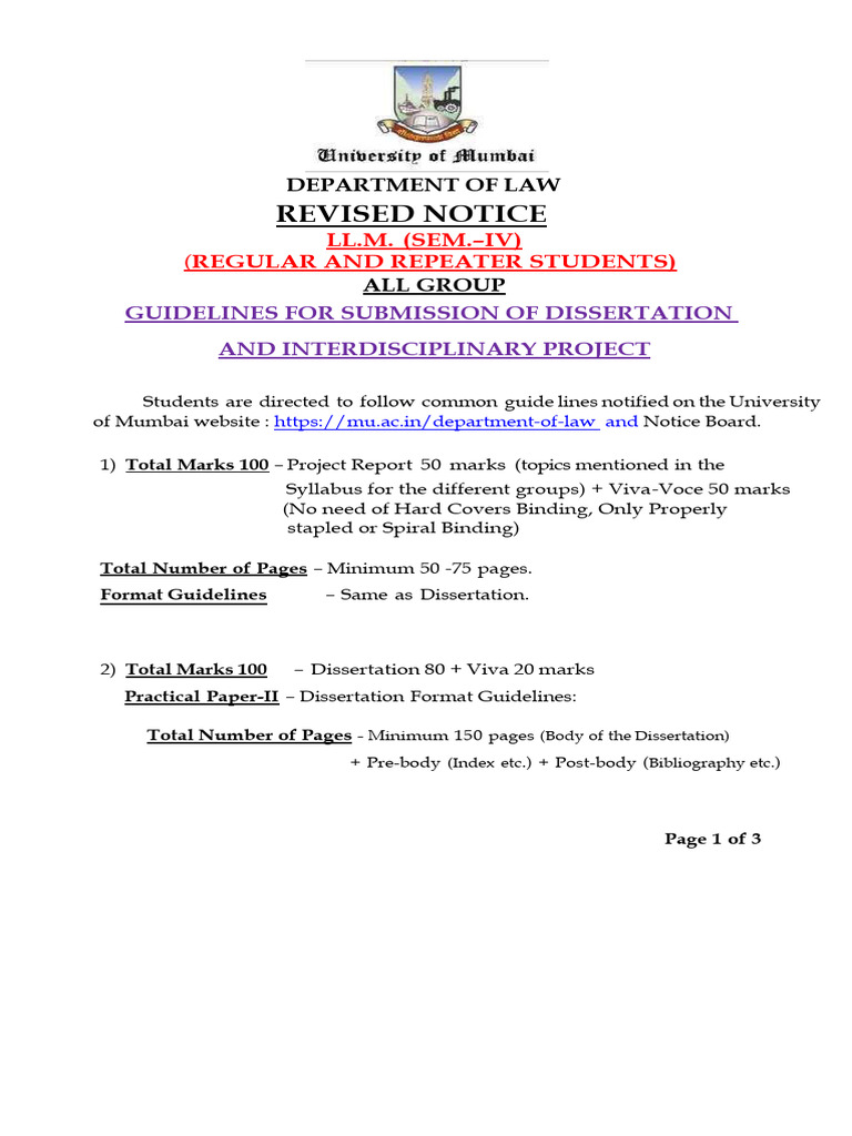 Revised Notice Ll.m. Sem Iv Guidelines For Submission of Dissertation | PDF | Thesis | Writing