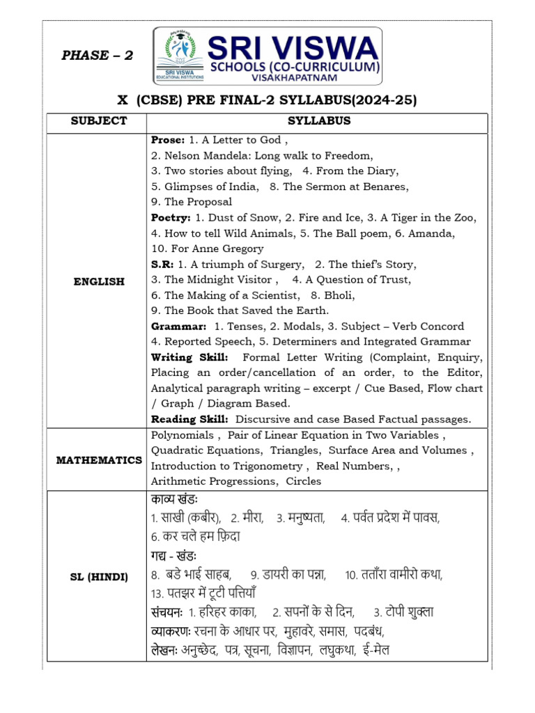 X (Cbse) Pre Final-2 Syllabus & Timetable | PDF