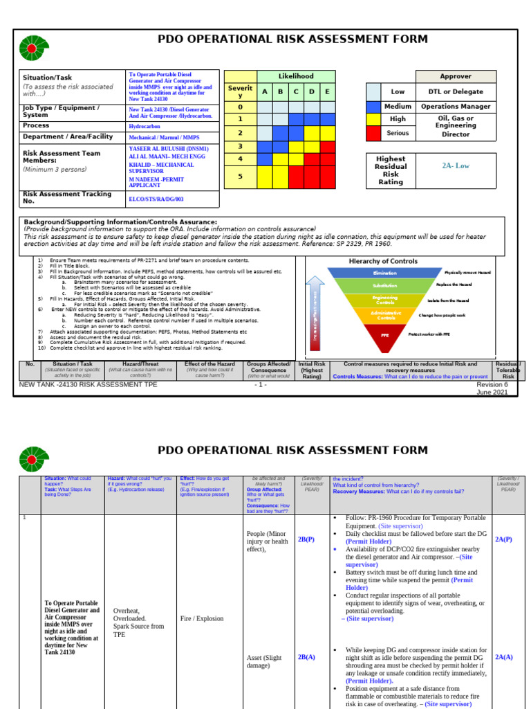 Updated Risk Assessment Diesel Generator | PDF | Electrical Connector ...