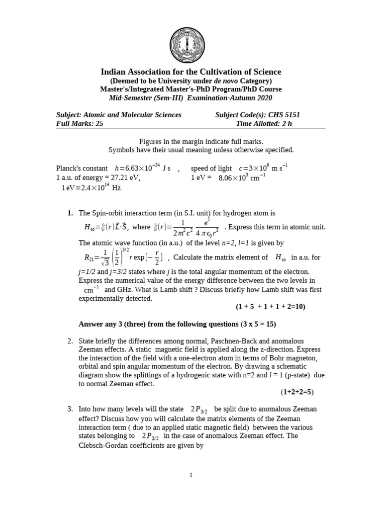CHS MS Autumn 2020 Exam: Atomic Sciences | PDF | Applied And ...