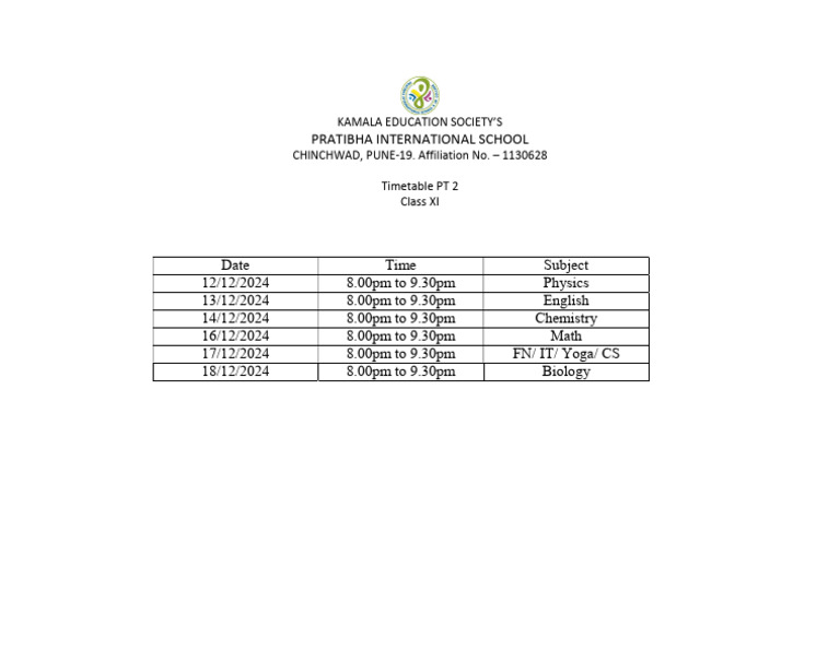 Class XI Exam Timetable | PDF