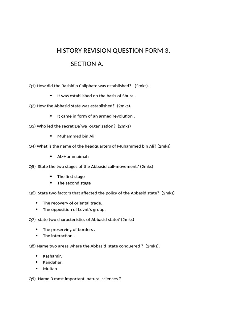 History Revision Question Form 3 | PDF | Caliphate | Middle East