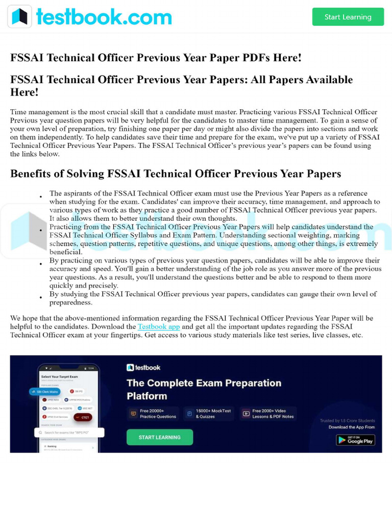 FSSAI Technical Officer Previous Year Paper PDFs Here! | PDF
