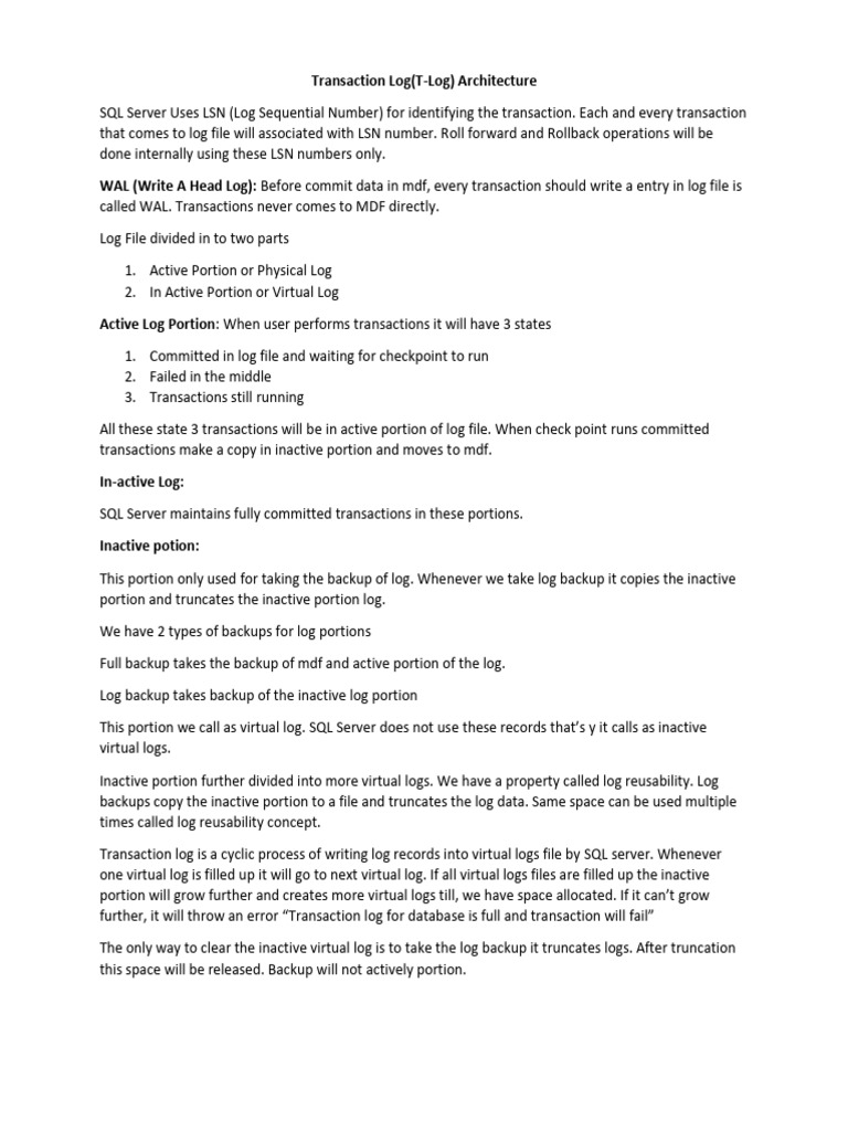 Transaction Log (T-Log) Architecture | PDF | Database Transaction | Backup