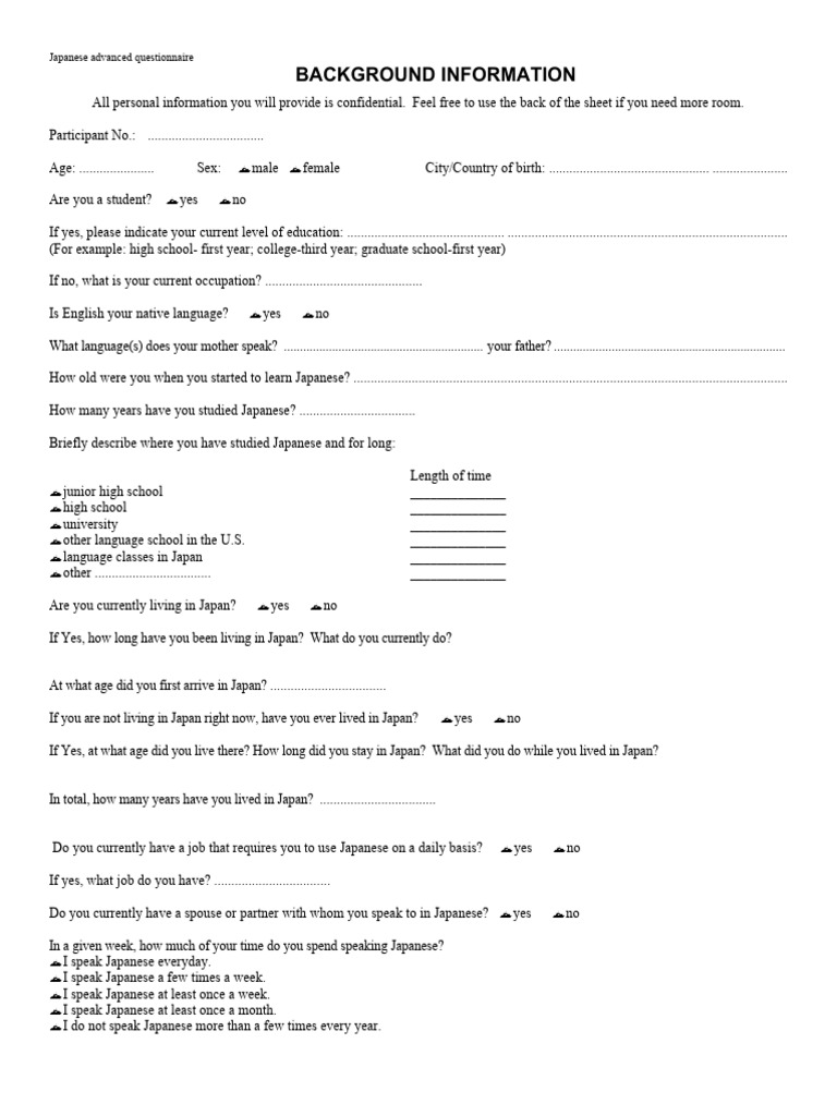 Language Background Questionnaire - Japanese Near-Native | PDF ...