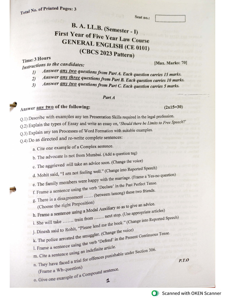 Cbcs Pattern Ballb Sem1 General English | PDF