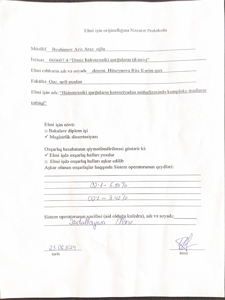 A.İ Elmi Işin Orijinallığına Nəzarət Protokolu | PDF