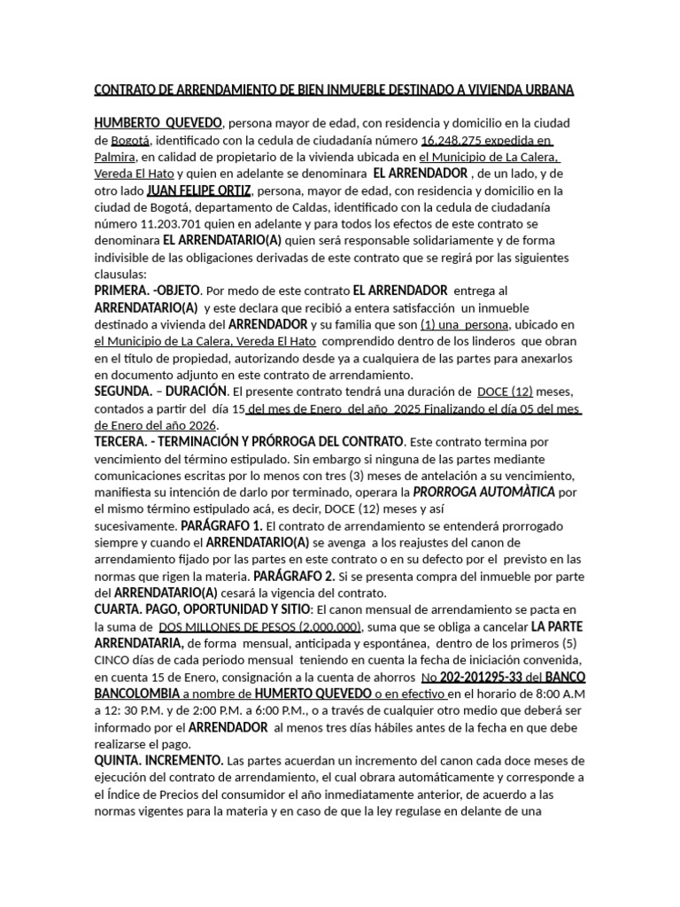 Contrato de Arrendamiento de Bien Inmueble Destinado A Vivienda Urbana | PDF | Pagos | Ley común