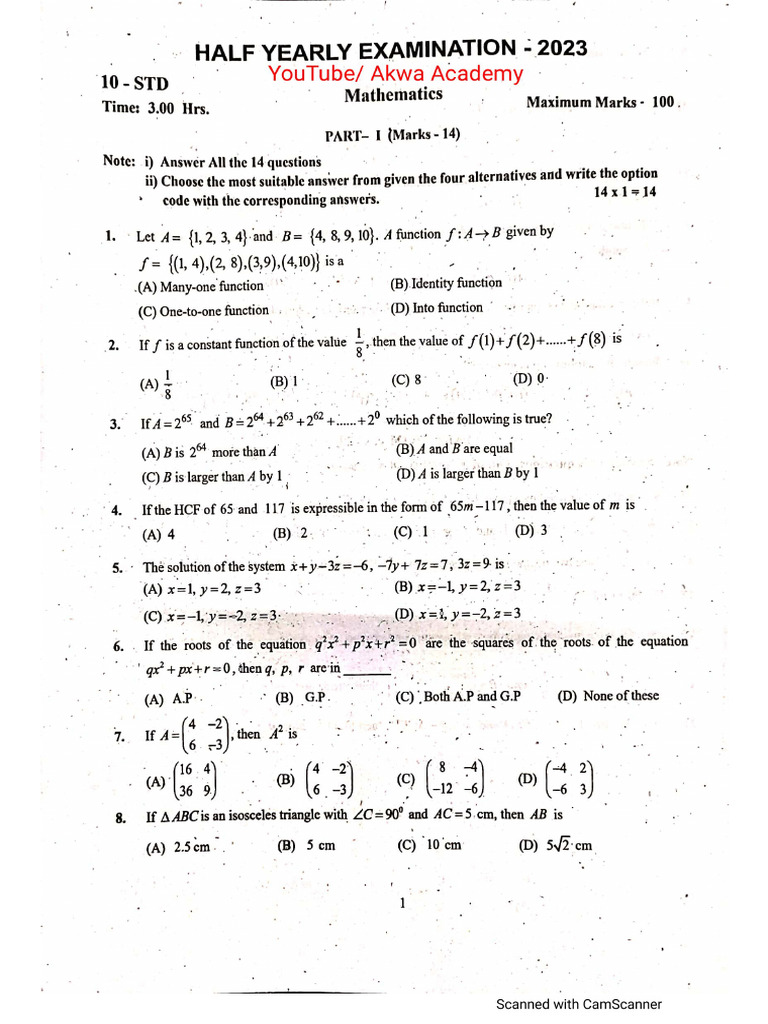 10th Maths EM Half Yearly Exam 2023 Question Paper Tirupattur District ...