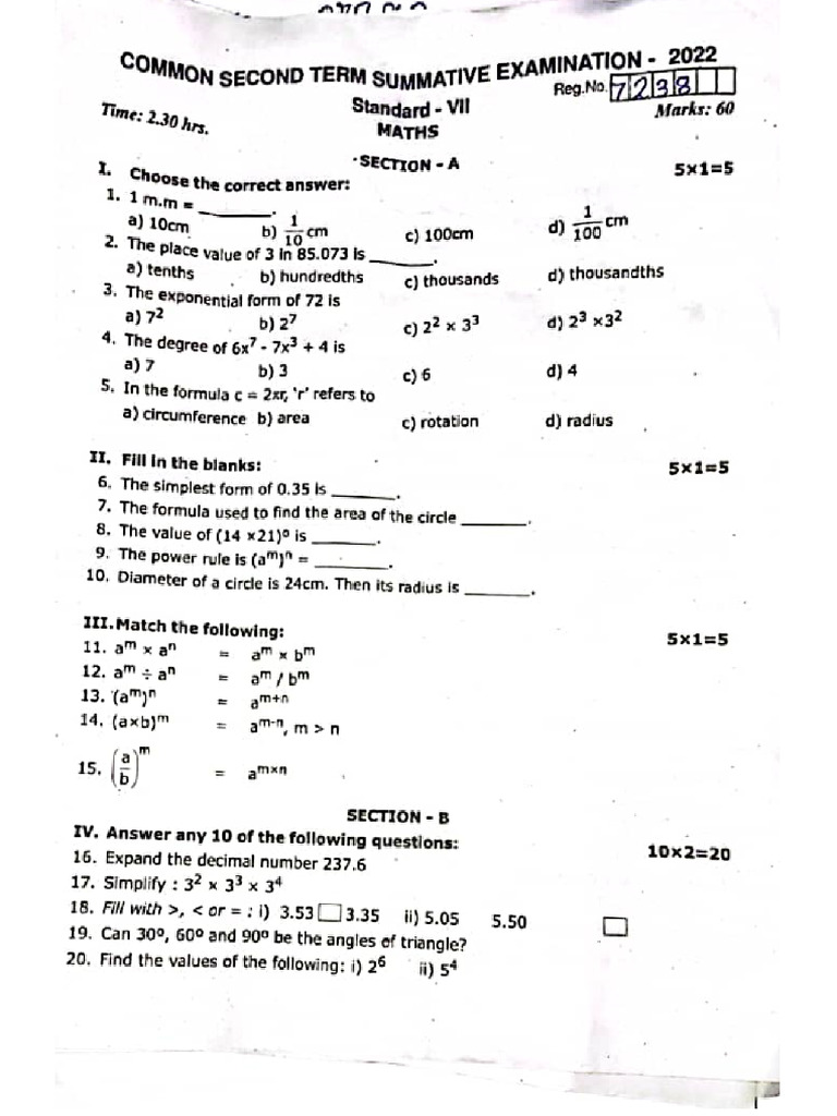 7th Maths EM Half Yearly Exam 2022 Original Question Paper Thiruvallur ...