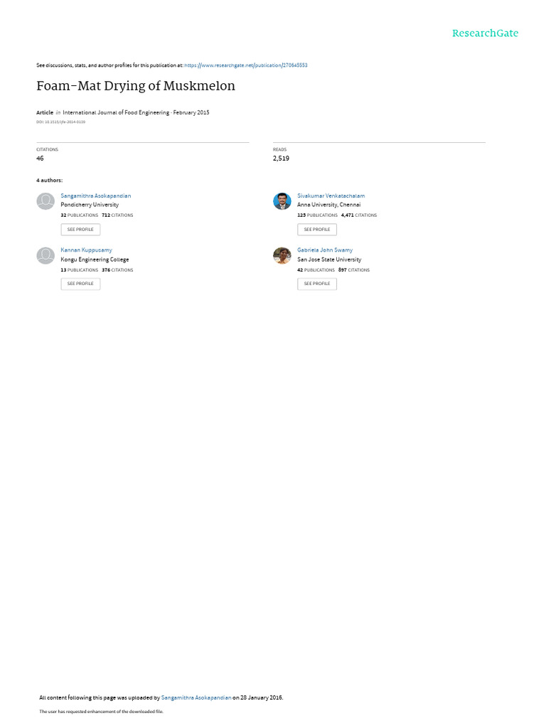 Foam-Mat Drying of Muskmelon: International Journal of Food Engineering ...