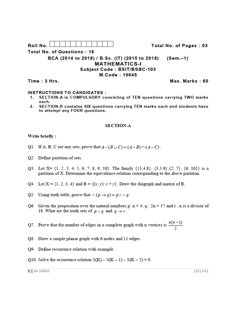bca-bsc-1-sem-it-mathematics-1-10045-dec-2020 | PDF | Computational Problems | Mathematical ...