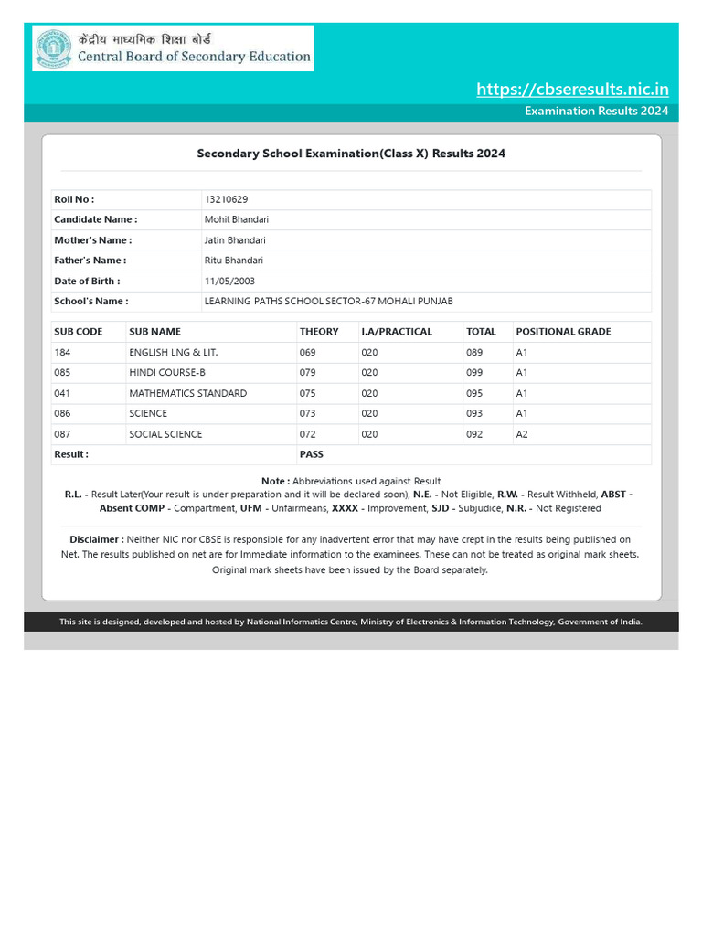 CBSE Results 2024 - Mohit Bhandari | PDF | Educational Stages | Schools