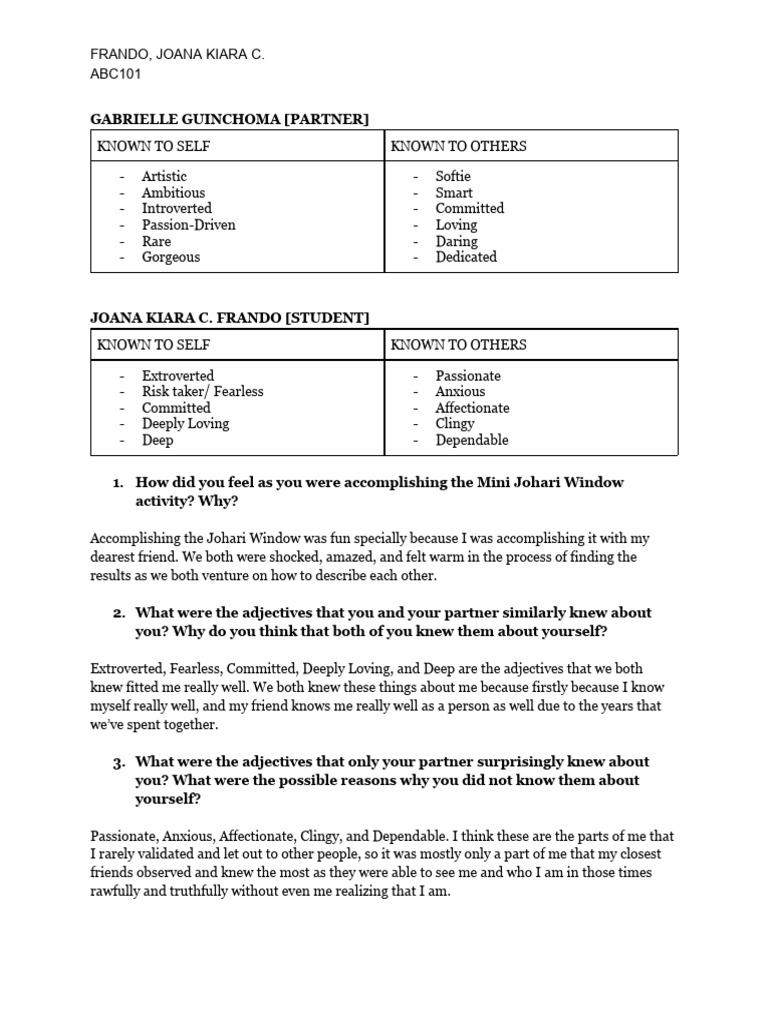Insights from the Mini Johari Window | PDF