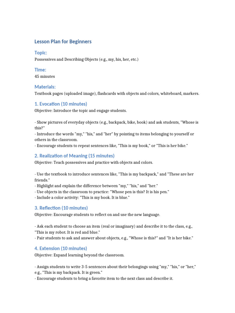 Possessives_Objects_Lesson_Plan | PDF