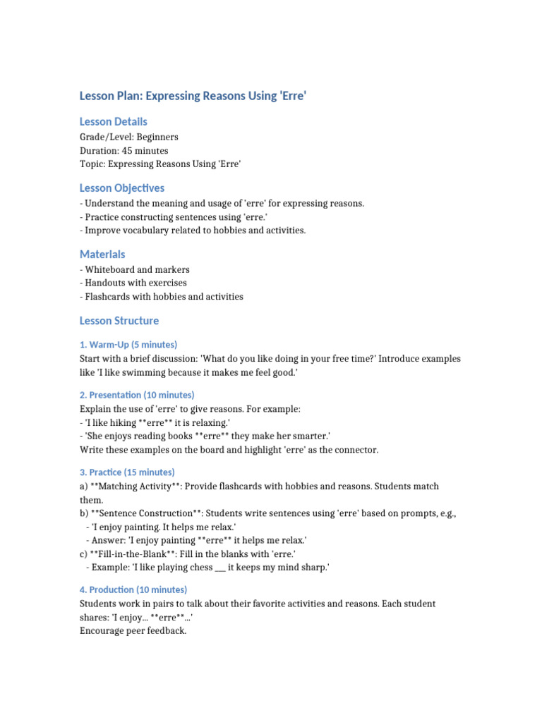 Lesson Plan Expressing Reasons Erre | PDF