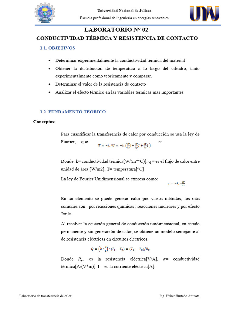 Lab 02 Conductividad Termica | PDF | Conduccion termica | Resistencia Eléctrica y Conductancia