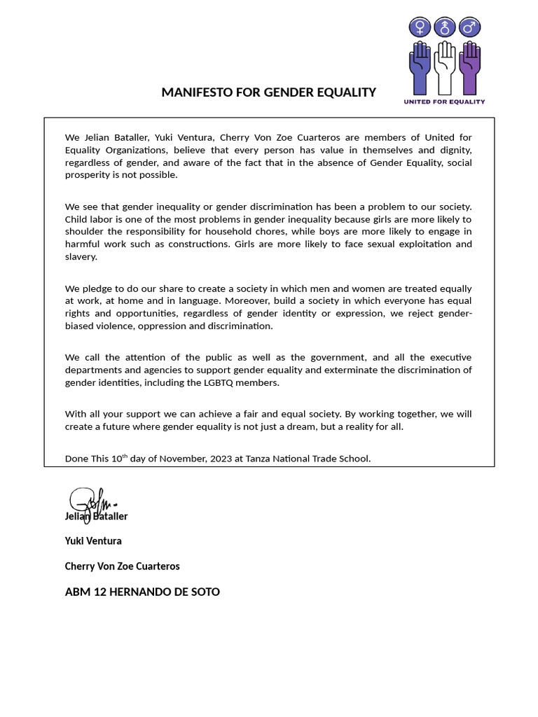 Manifesto For Gender Equality | PDF