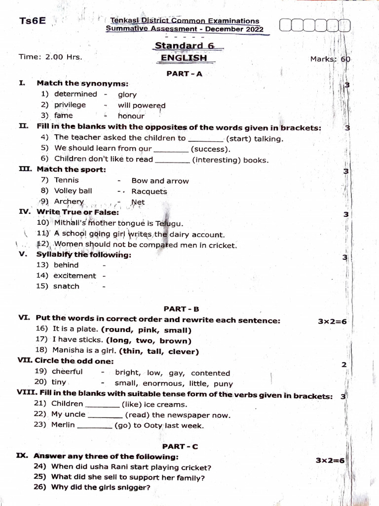 6th English Half Yearly Exam 2022 Original Question Paper Thenkasi ...