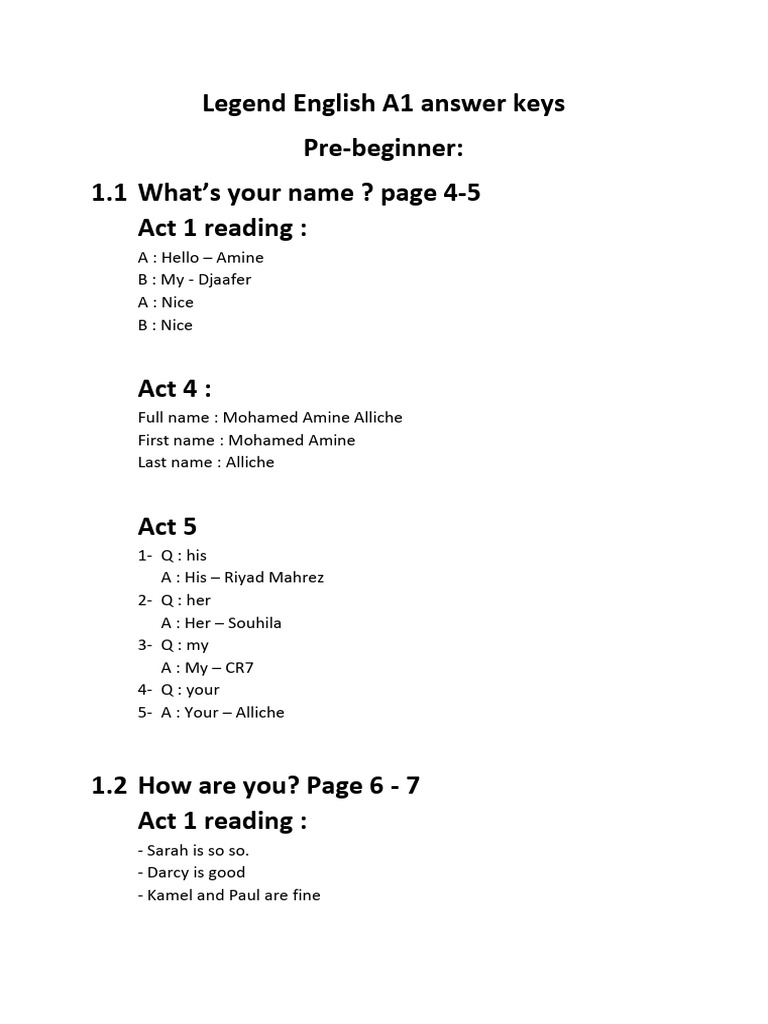 Answer Keys A1 PDF | PDF | Lunch | Room
