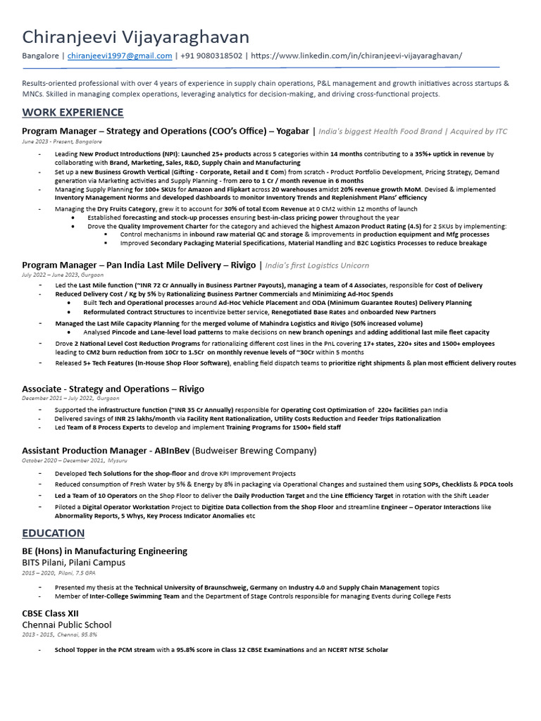 Chiranjeevi's Resume - Temp | PDF | Logistics | Business