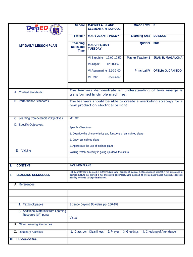 Dlp Science 6 q3 Simple Machine Inclined Plane | PDF | Learning | Behavior Modification