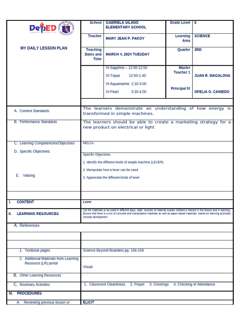 Grade 6 Science Lesson Plan on Levers | PDF | Lever | Learning