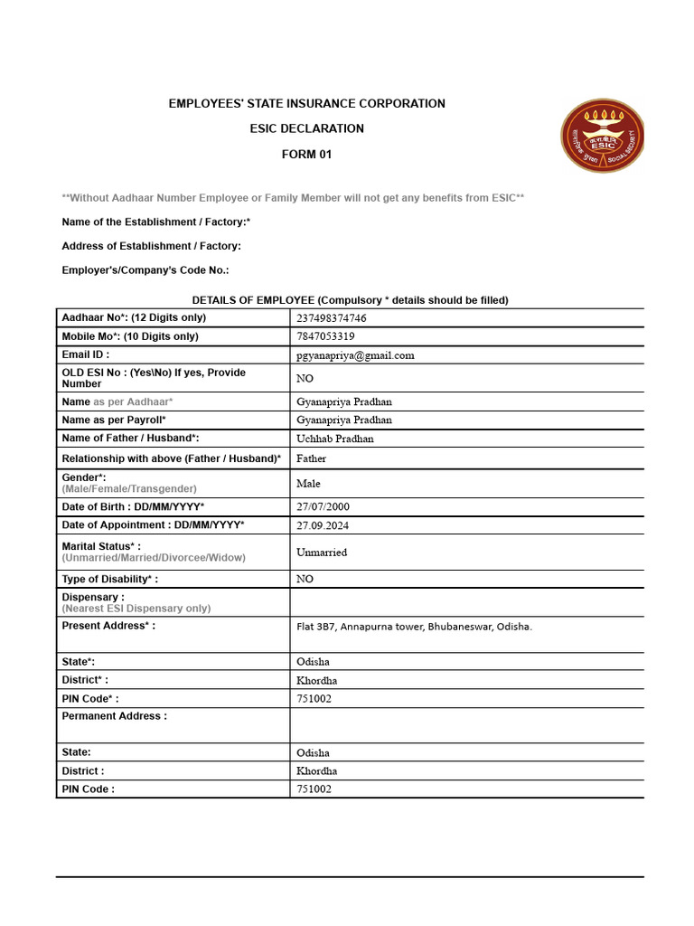ESIC Form.docx (2) | PDF | Labour Law | Social Programs