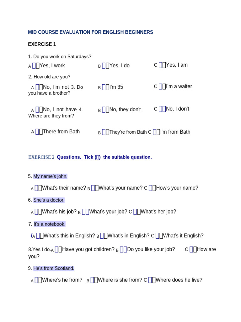 First Part End of Course Evaluation For English Beginners | PDF | Linguistics