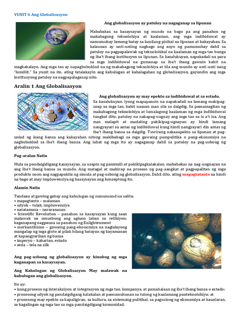 Yunit 6.-Yunit 6 Aralin 1 Ang Globalisasyon-01 | PDF
