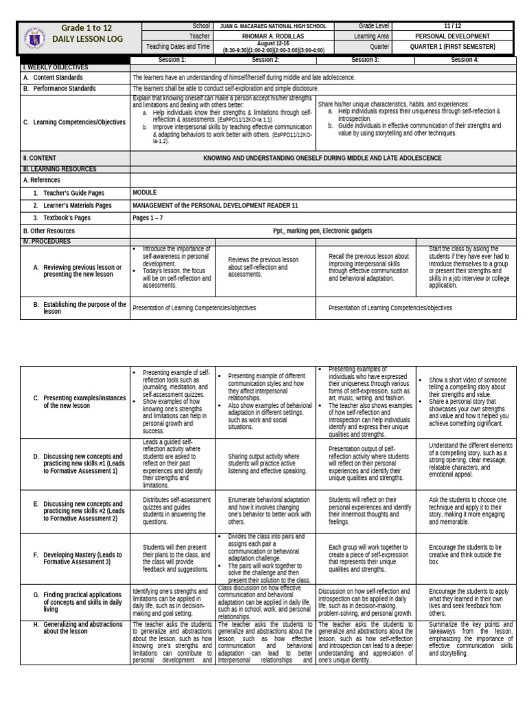 Q1 Mod1 - Knowing One Self | PDF | Learning | Communication