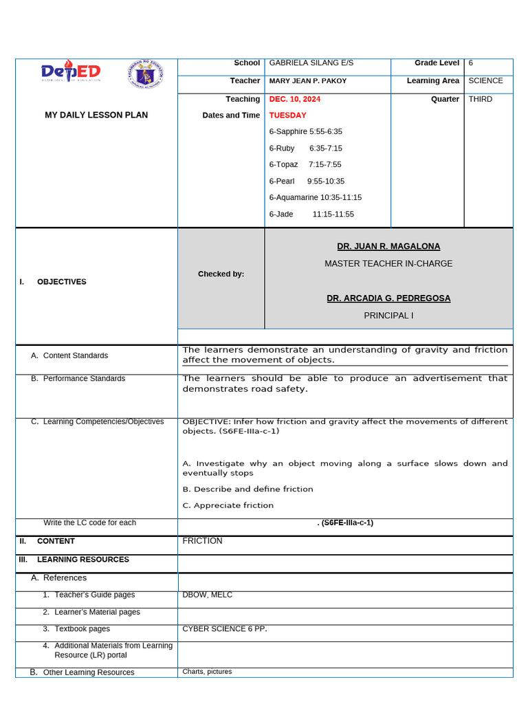 Grade 6 Science Lesson Plan: Friction | PDF | Skeleton | Bone