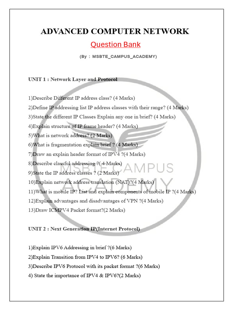 MSBTE CAMPUS ACADEMY ACN Chaptewise QB | PDF | Internet Protocols | I Pv6