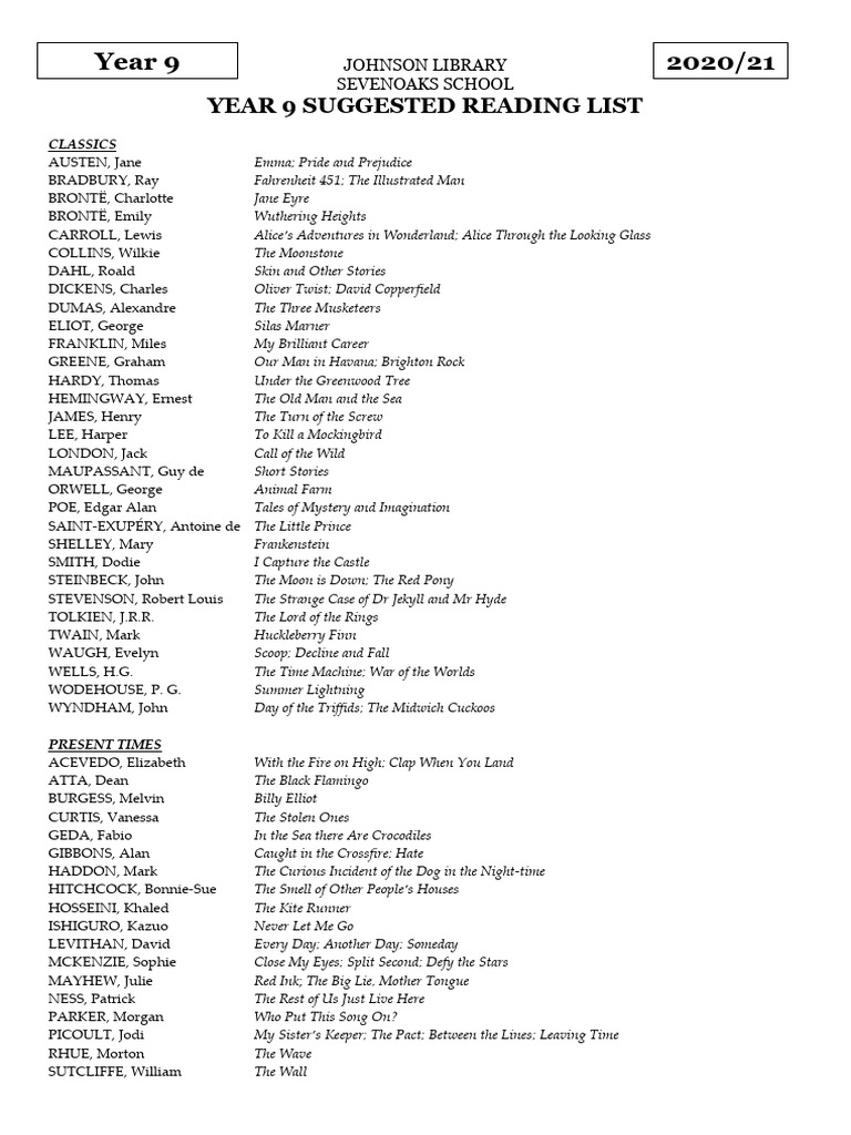 Year 9 Reading List | PDF