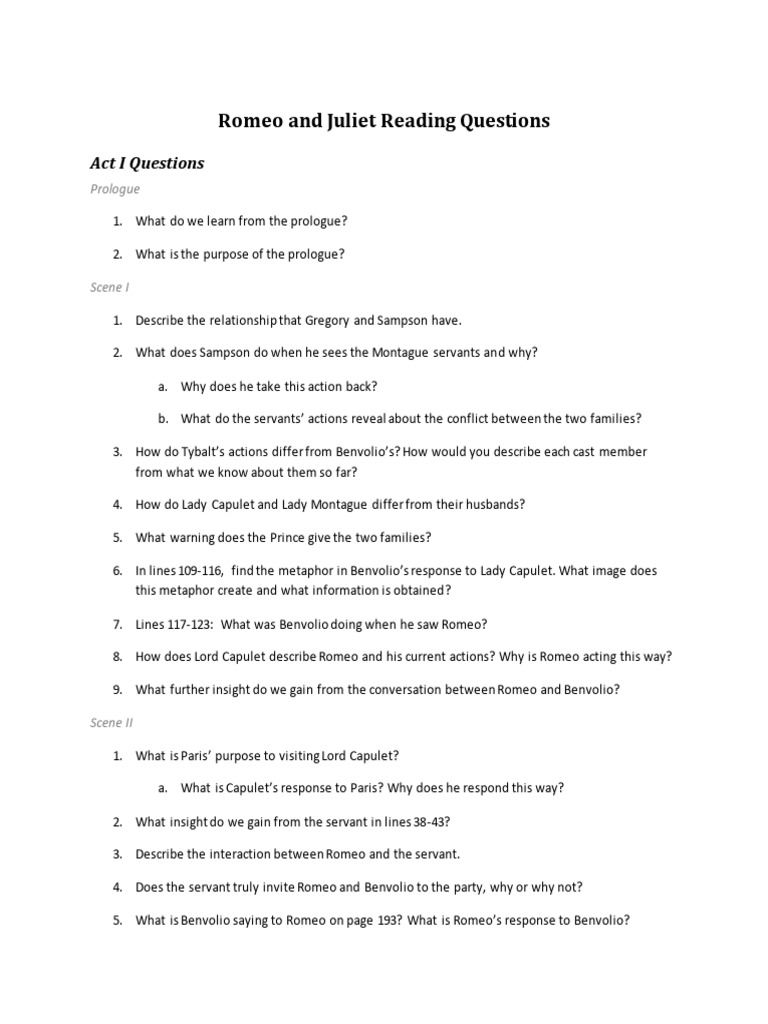 Romeo and Juliet Reading Questions - 0 | PDF | Characters In Romeo And ...