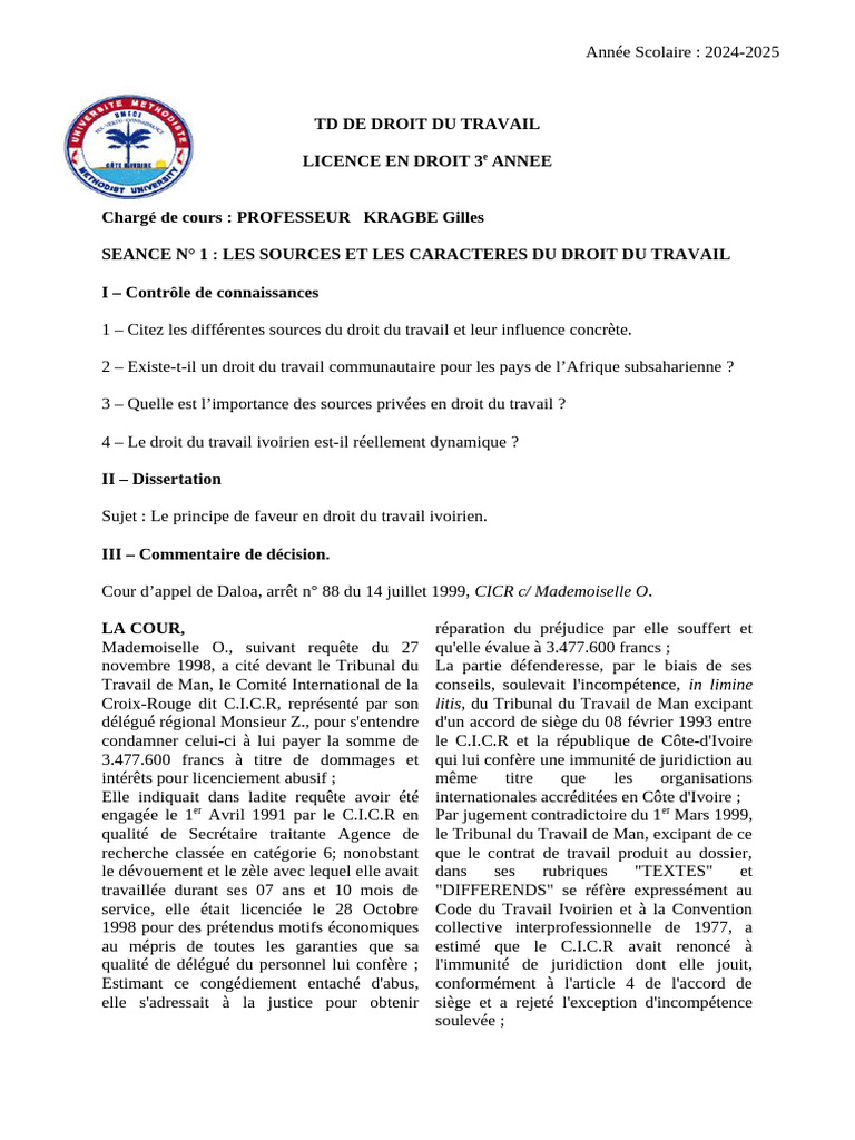 Fiche de TD Droit Social FINALE | PDF | Compétence | Salaires