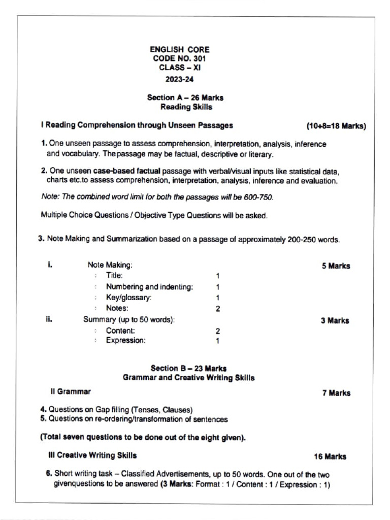 Paper Pattern - English Core 301 | PDF | Reading Comprehension | Question
