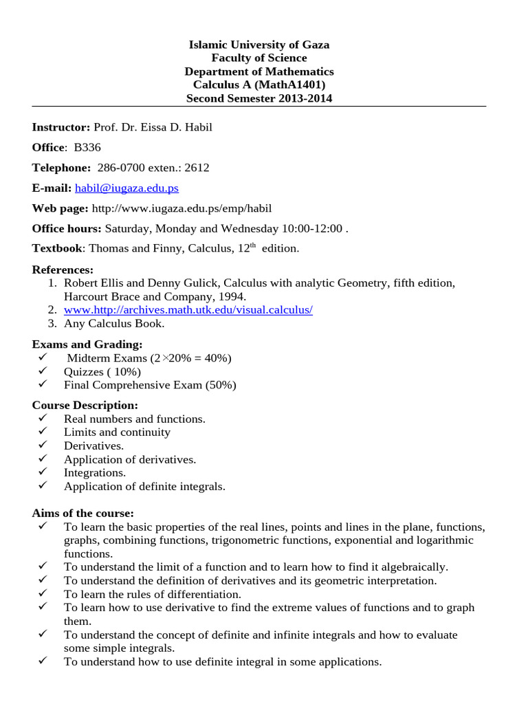 Calculus A Syllabus Second Semester 2013 2014 | PDF | Integral | Calculus