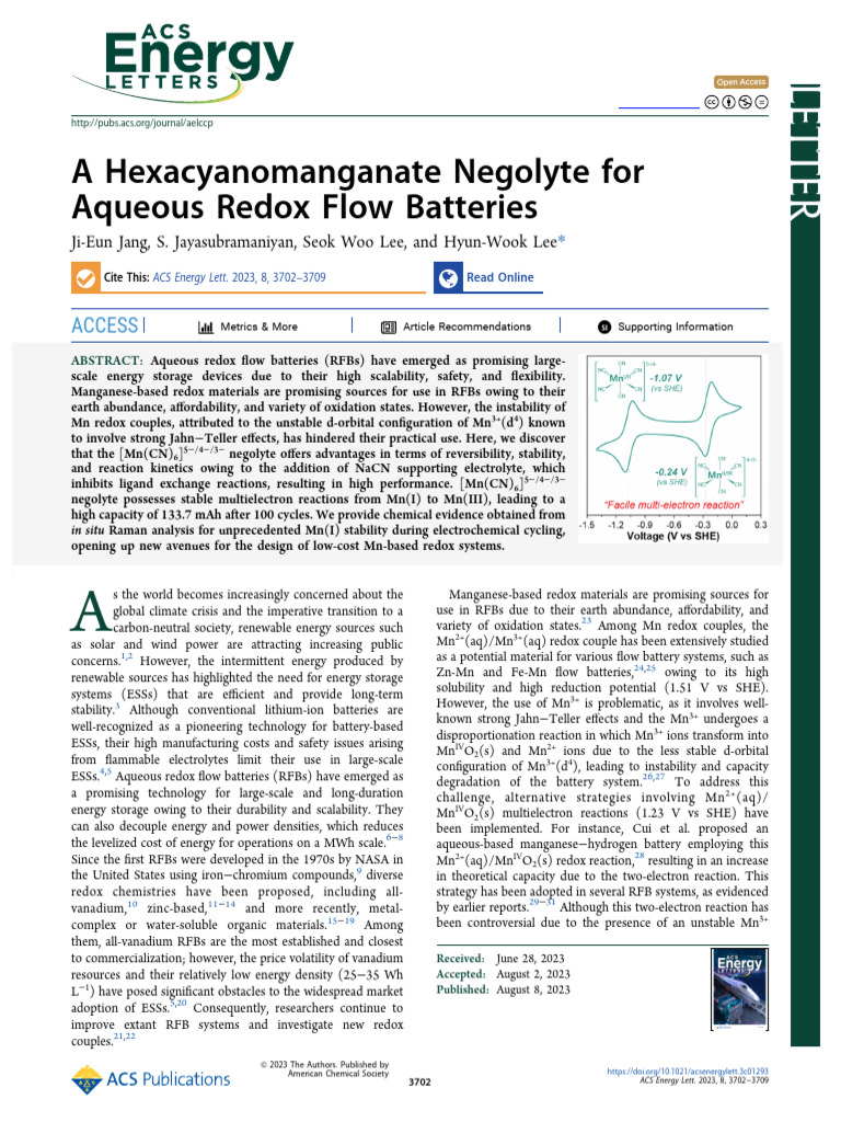 2023acsenergylett-Lee-In Situ Raman For MnCN6 in Aq RFB | PDF | Cyanide | Redox
