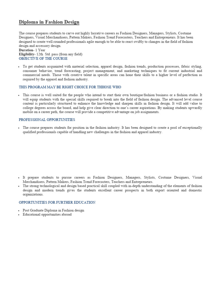 Diploma in Fashion Design Overview | PDF | Textiles | Fashion
