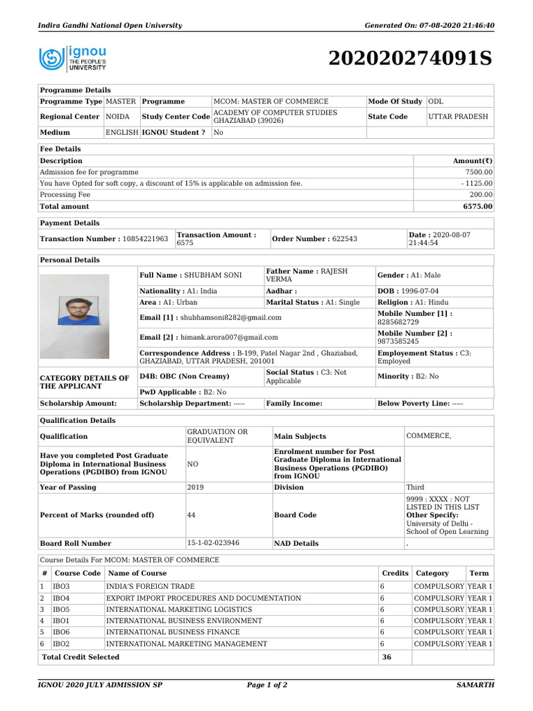 Application Form IGNOU MCom | PDF