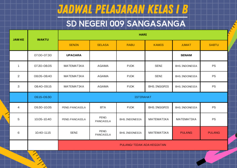 Hijau Bergaris Tabel Jadwal Pelajaran Sekolah Dasar Kelas VI | PDF