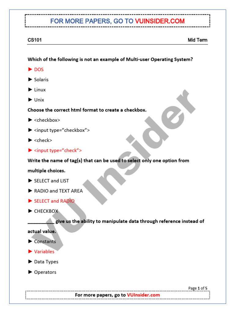 CS101 Mid Term Past Paper 1 | PDF | Java Script | Html