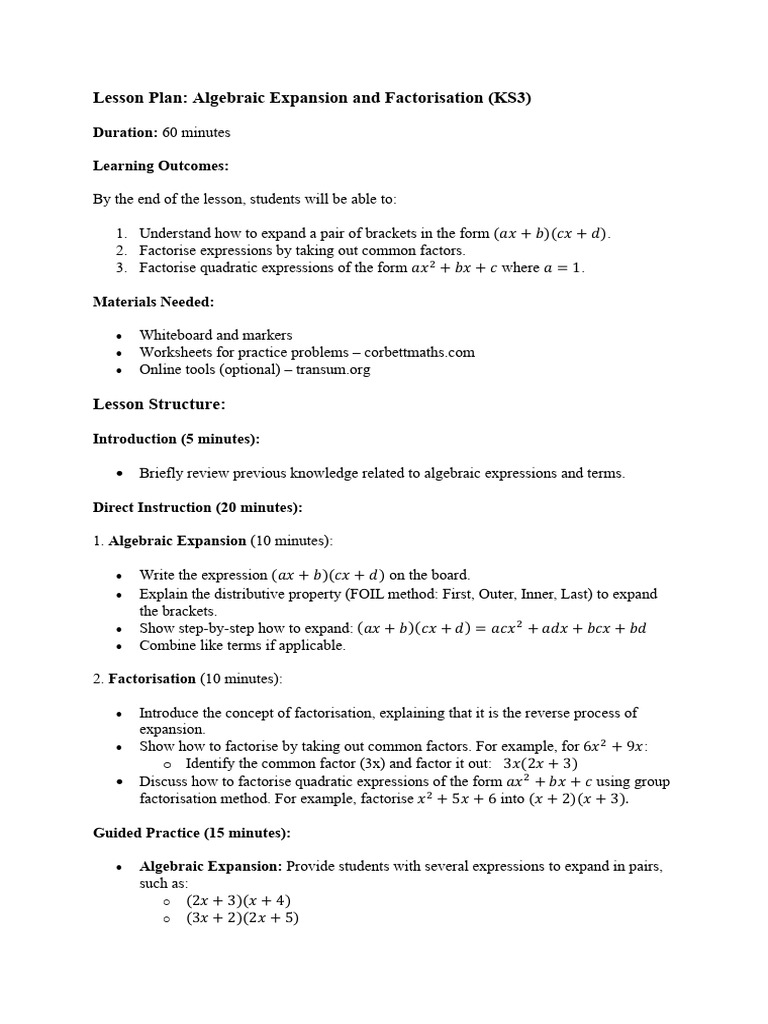 Lesson Plan - Algebraic Expansion and Factorisation | PDF ...