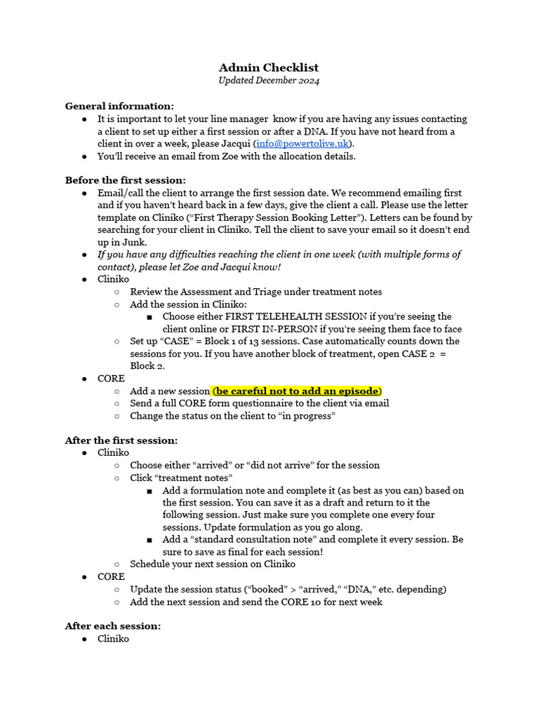 Admin checklist _updated December 2024 | PDF