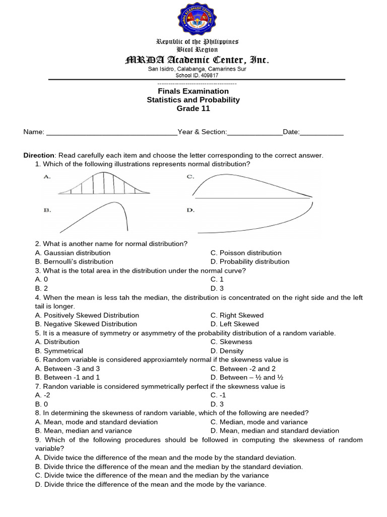 Finals Exam in Statistics and Prob | PDF | Skewness | Normal Distribution