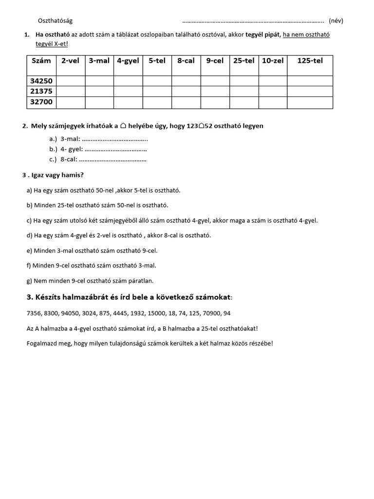 Oszthatóság Dolgozat | PDF