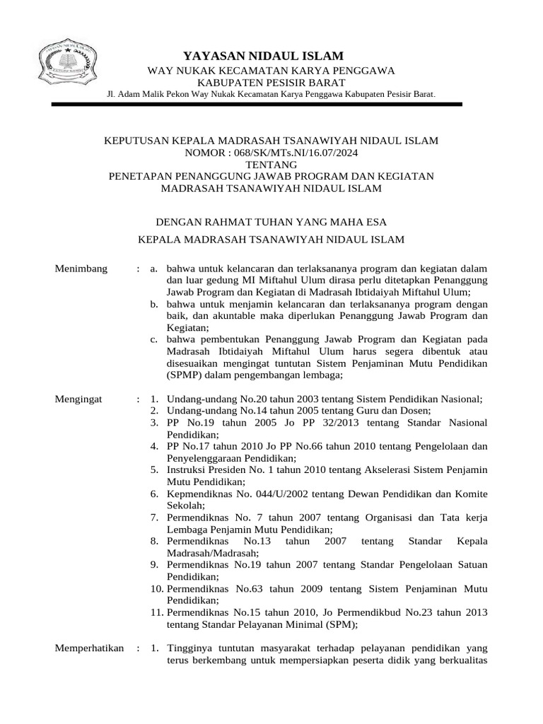 Penanggung Jawab Program MI Miftahul Ulum | PDF