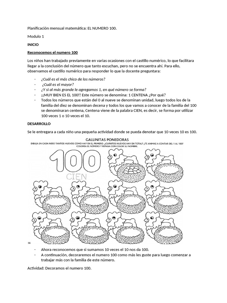 Planificación Matemática: El Número 100 | PDF